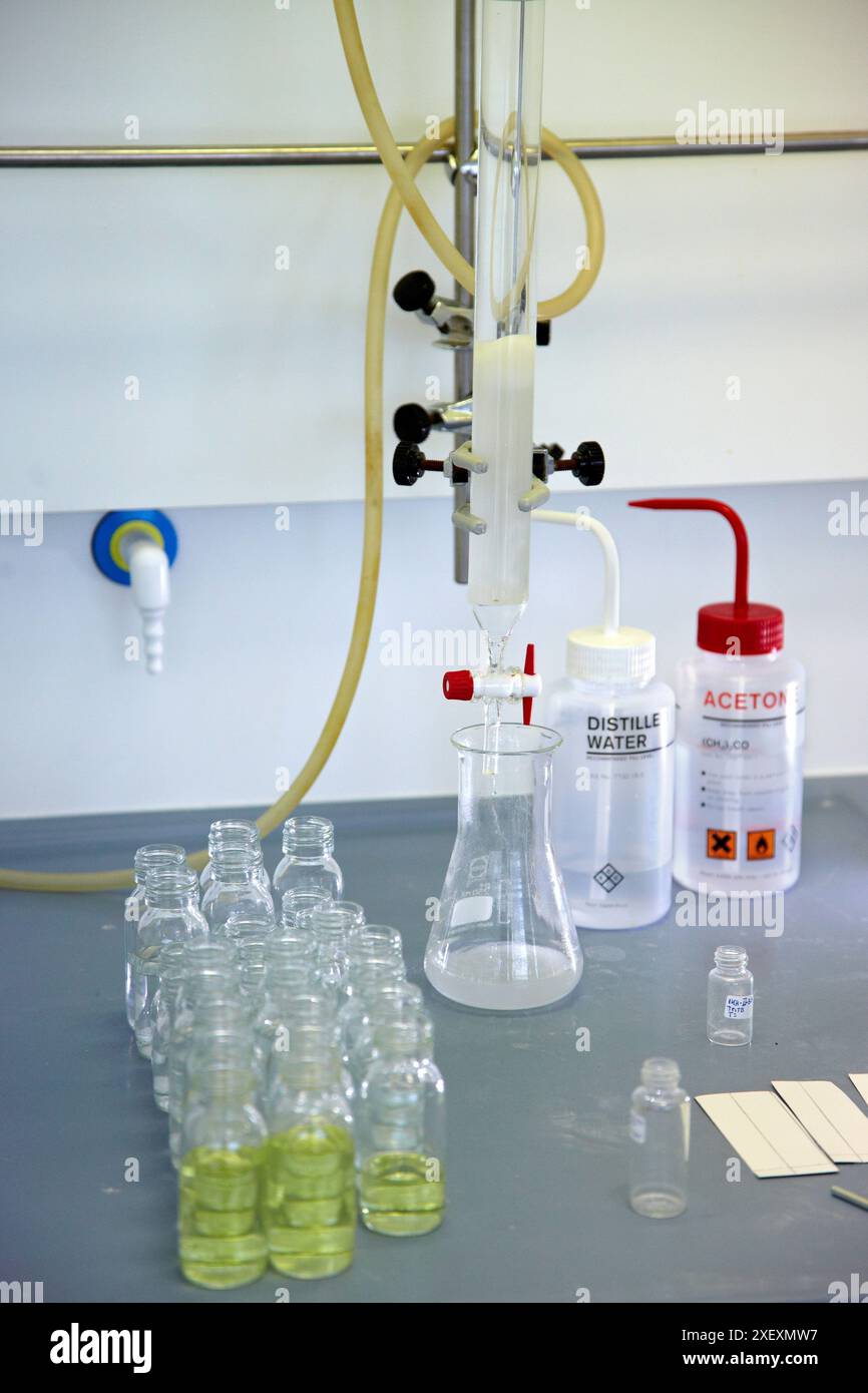 Chromatography column in fume hood, synthesis lab, IkerChem research ...