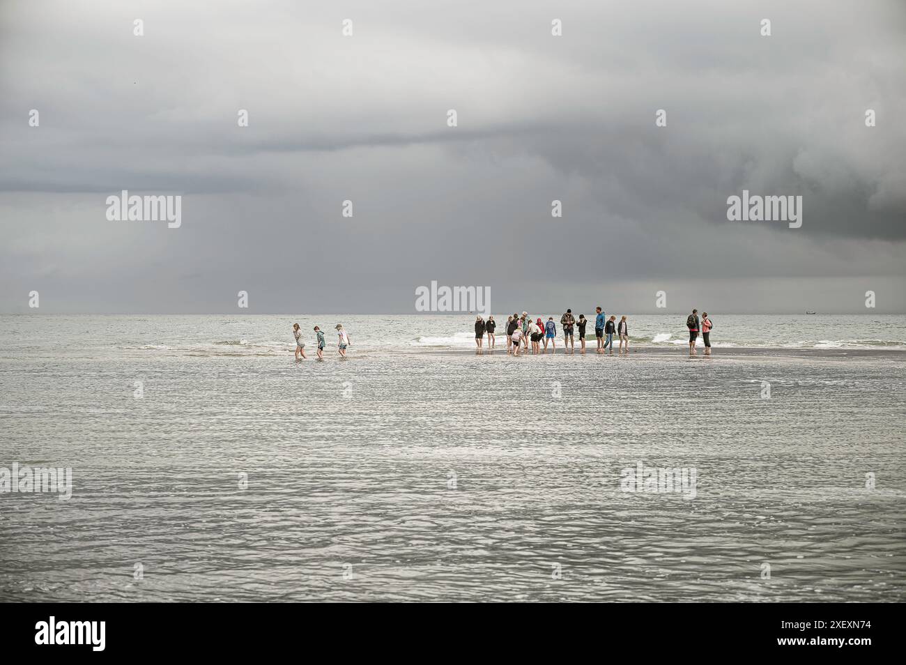 people standing in the shallow water at the northernmost tip of Denmark ...