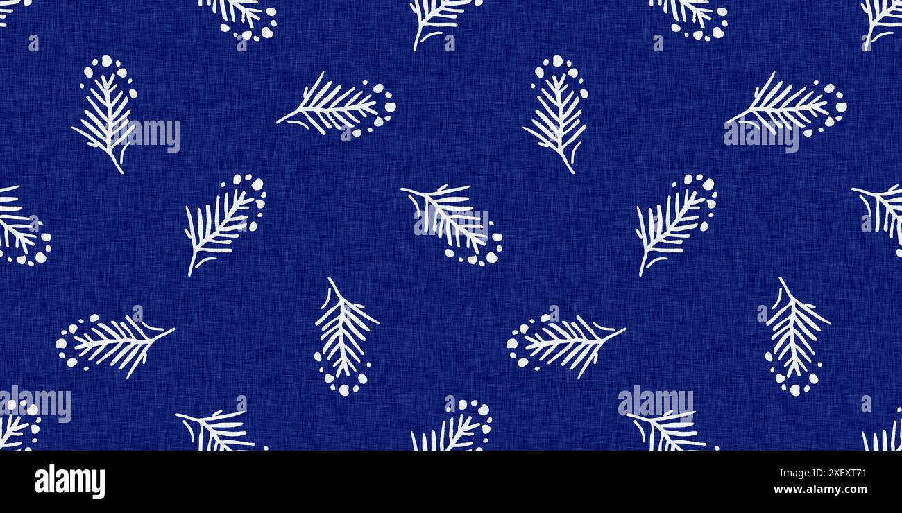 Indigo denim blue leaf motif seamless border. Japanese dye batik fabric ...