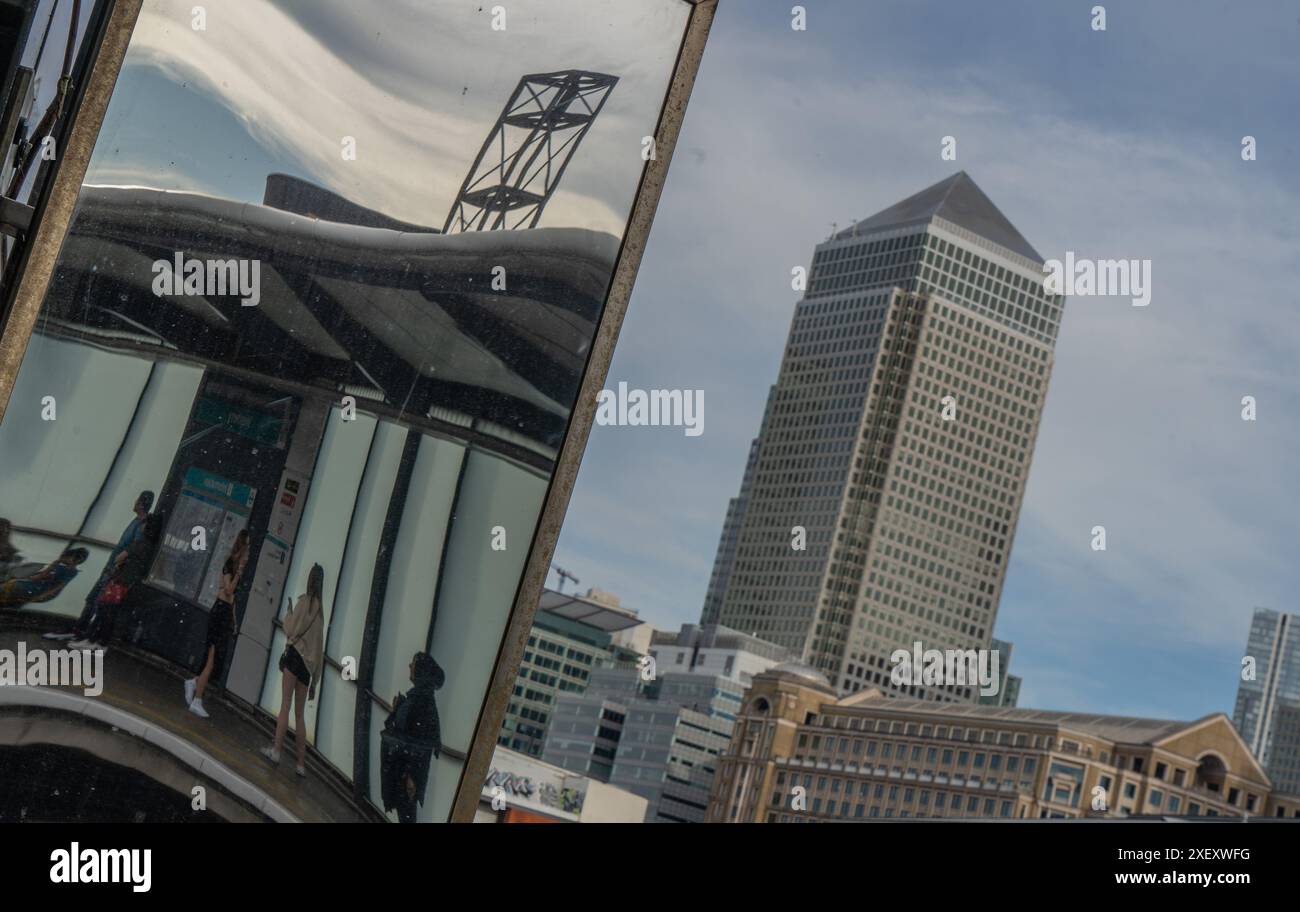 Docklands Light Railway (DLR ) station, with Canary Wharf buildings in ...
