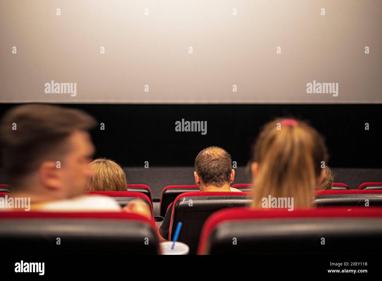 moviegoers sit in red chairs before the premiere of the film. family ...