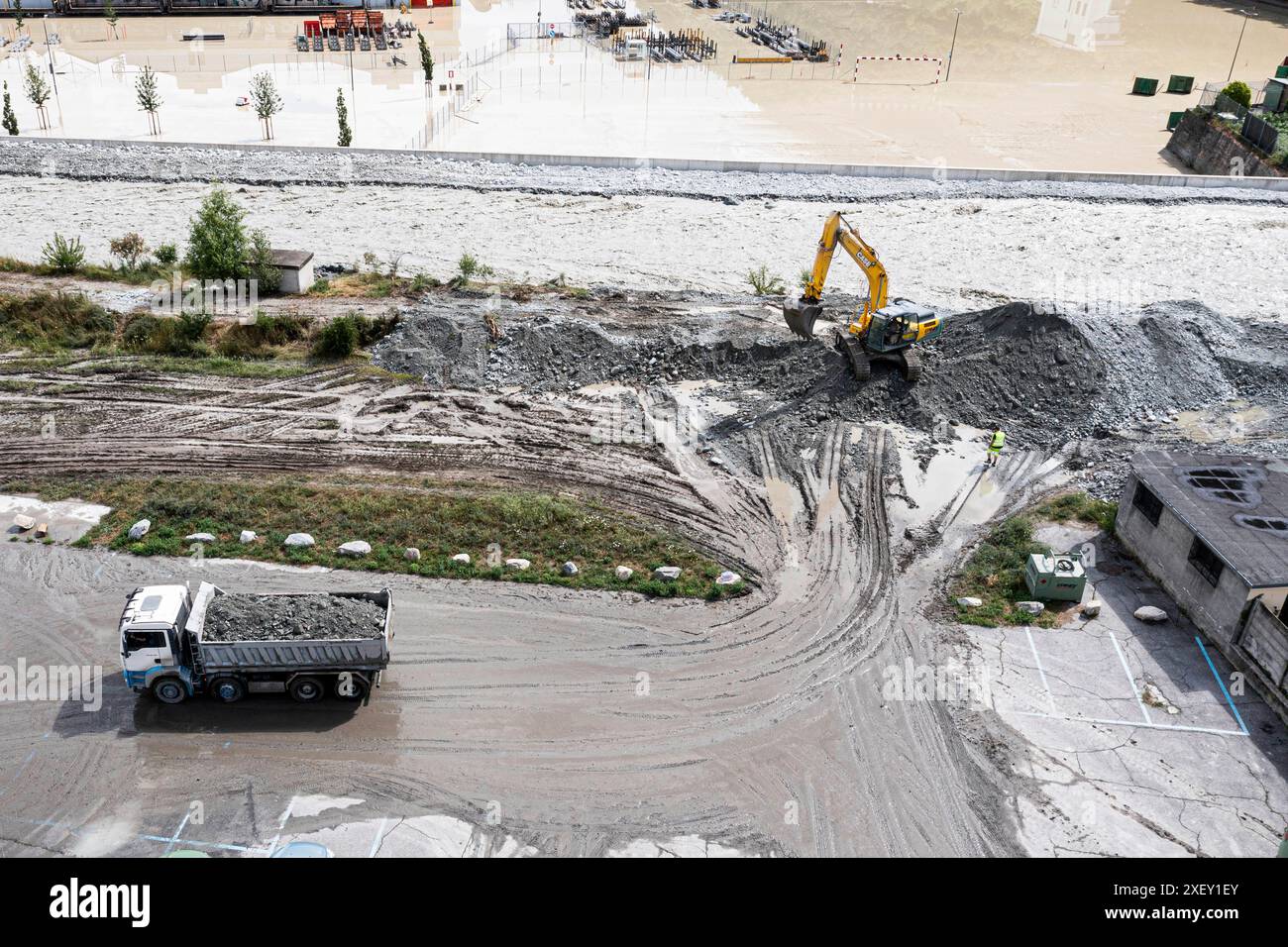 A view of the Navizence river overflowing in the industrial zone that ...