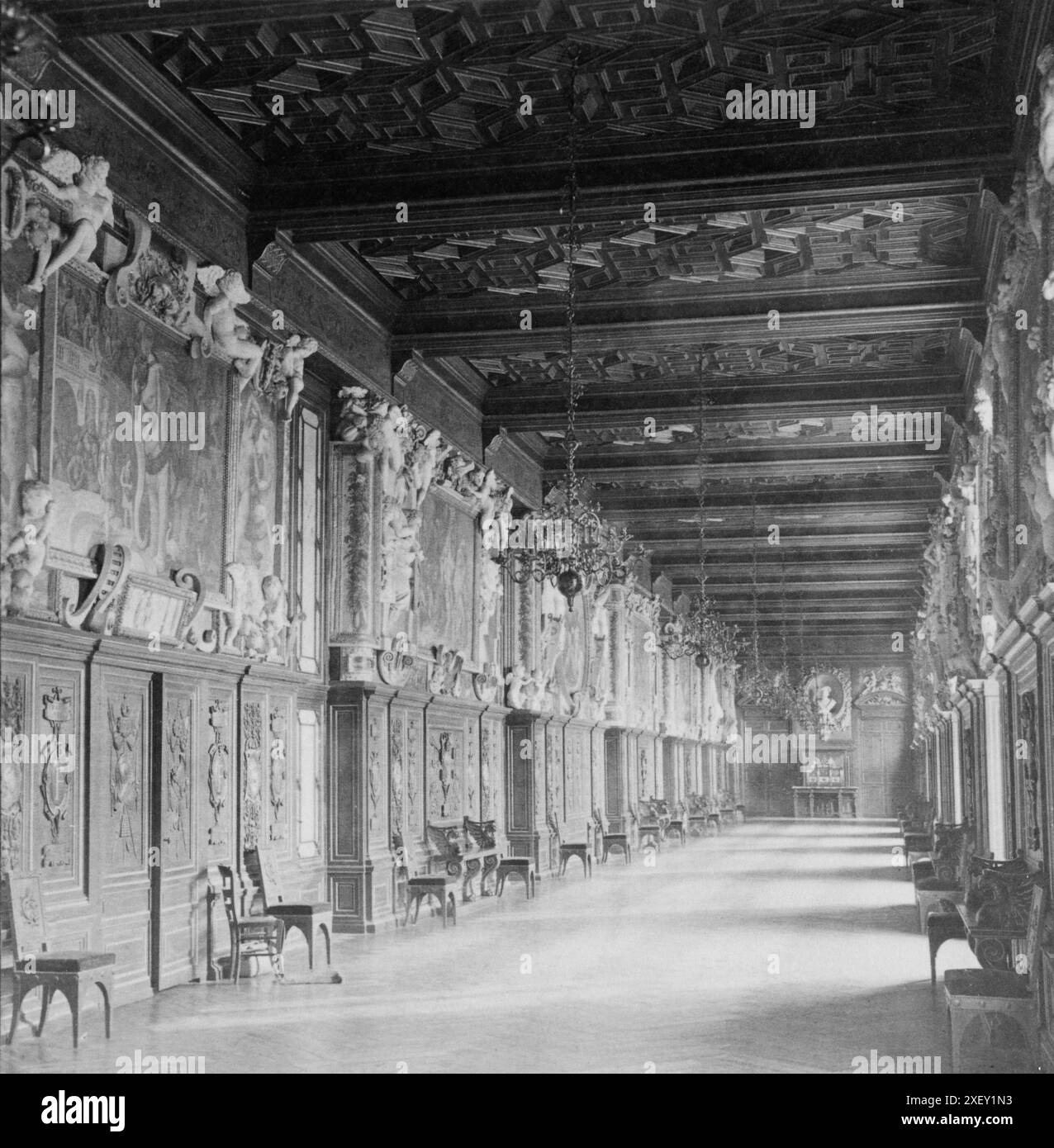 Vintage photo of Gallery of Francis I, palace, Fontainebleau, France ...
