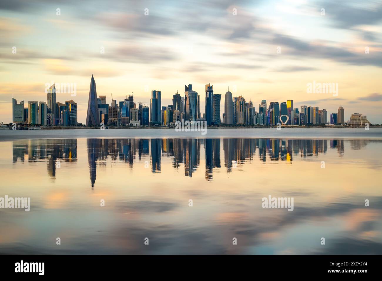 The Panoramic skyline of Doha, Qatar during sunset Stock Photo - Alamy