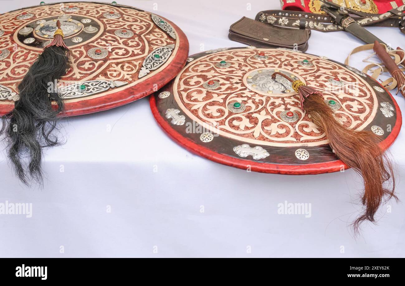 Traditional medieval shields of an ancient Asian warrior with a ...