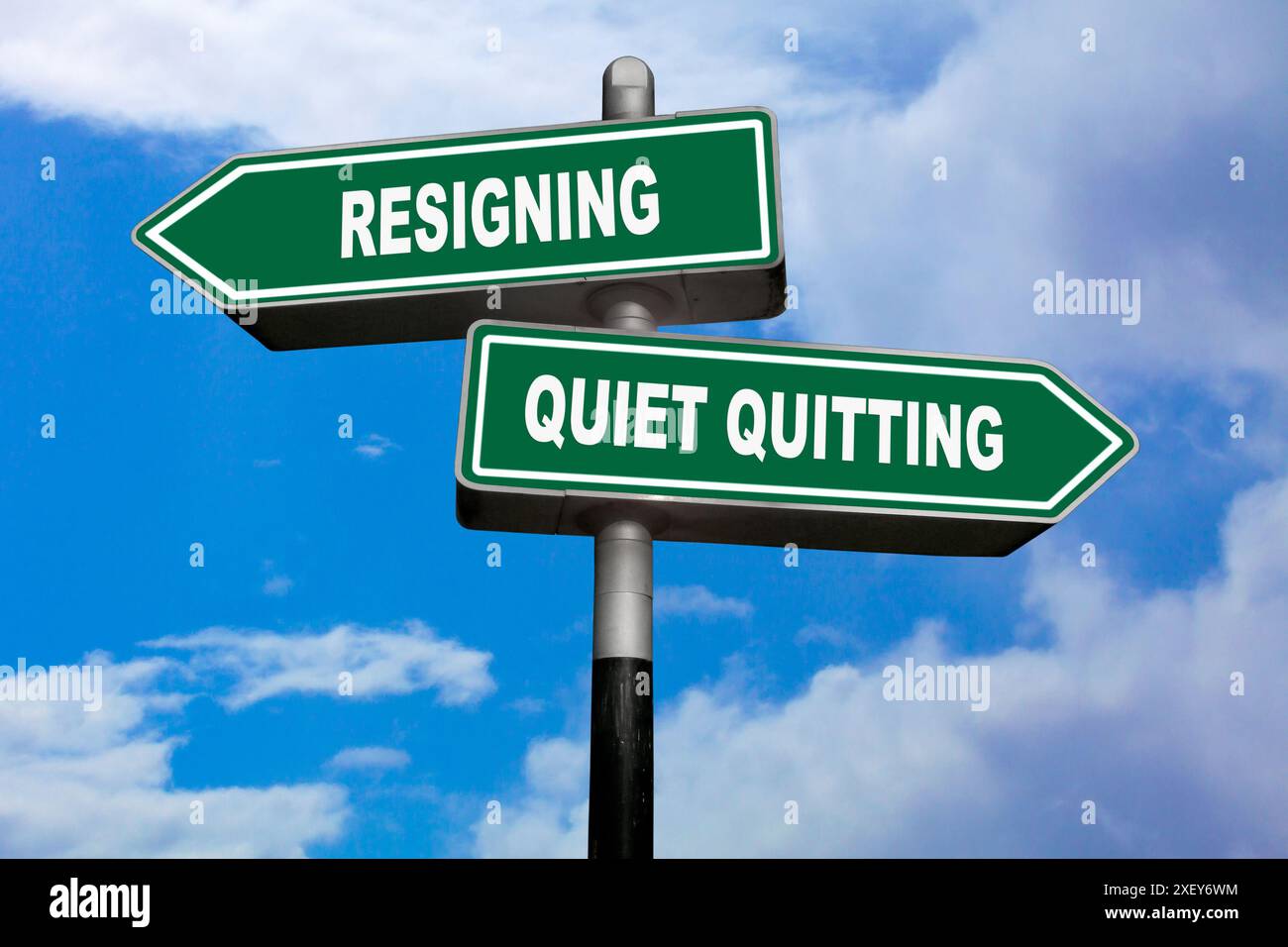 Two direction signs, one pointing left (Resigning), and the other one ...