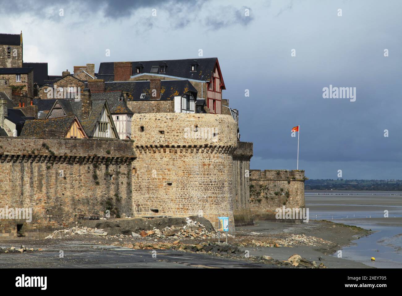 Rampart of the Mont Saint-Michel delimiting the island from the sea ...