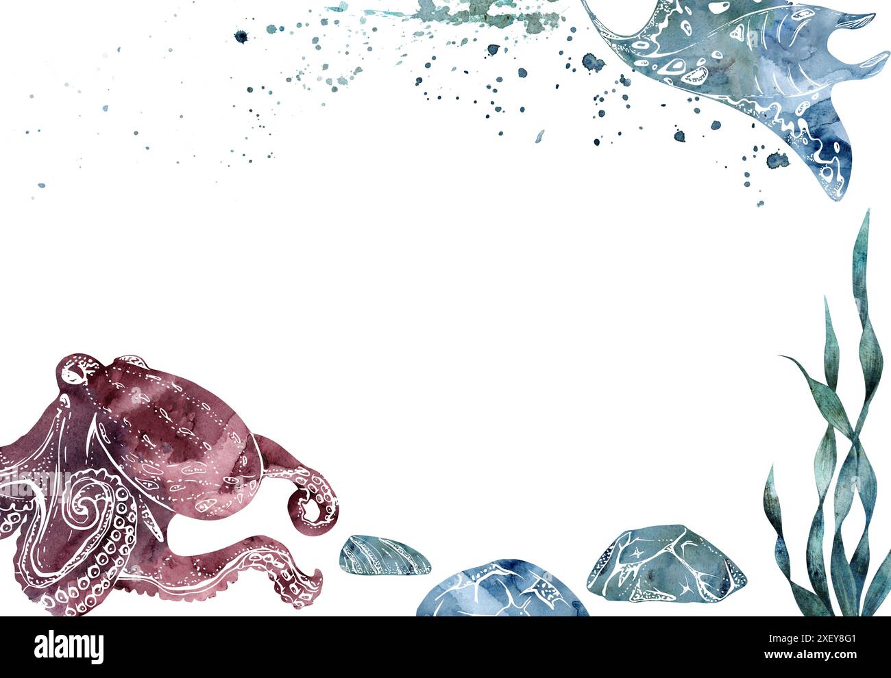 Watercolor and ink hand drawn marine life, sea ocean underwater ...