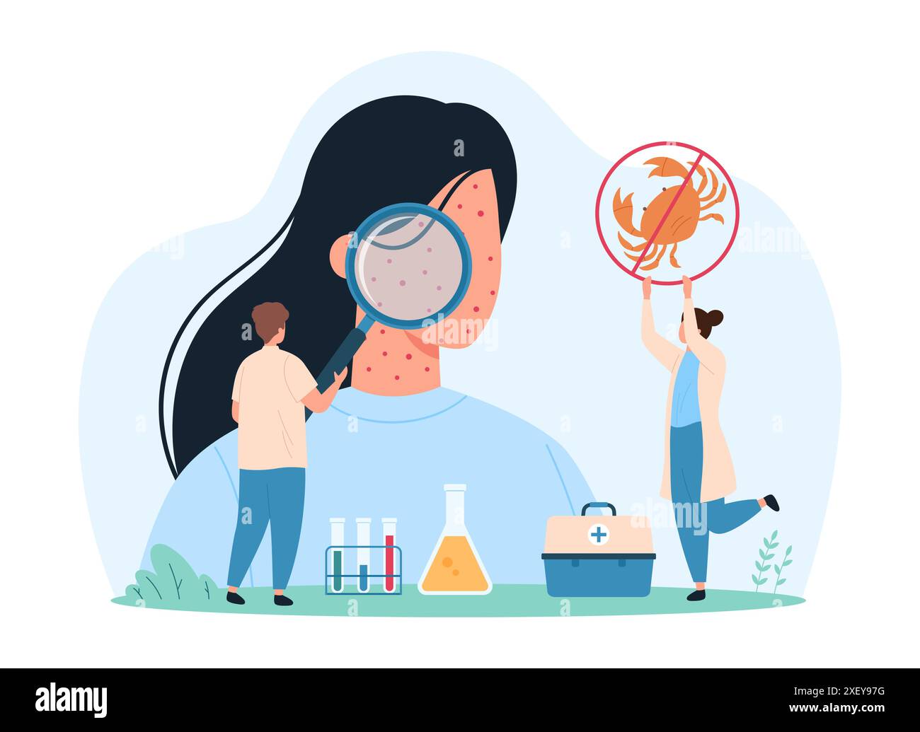 Awareness of seafood allergy and symptoms. Tiny people examine patients ...