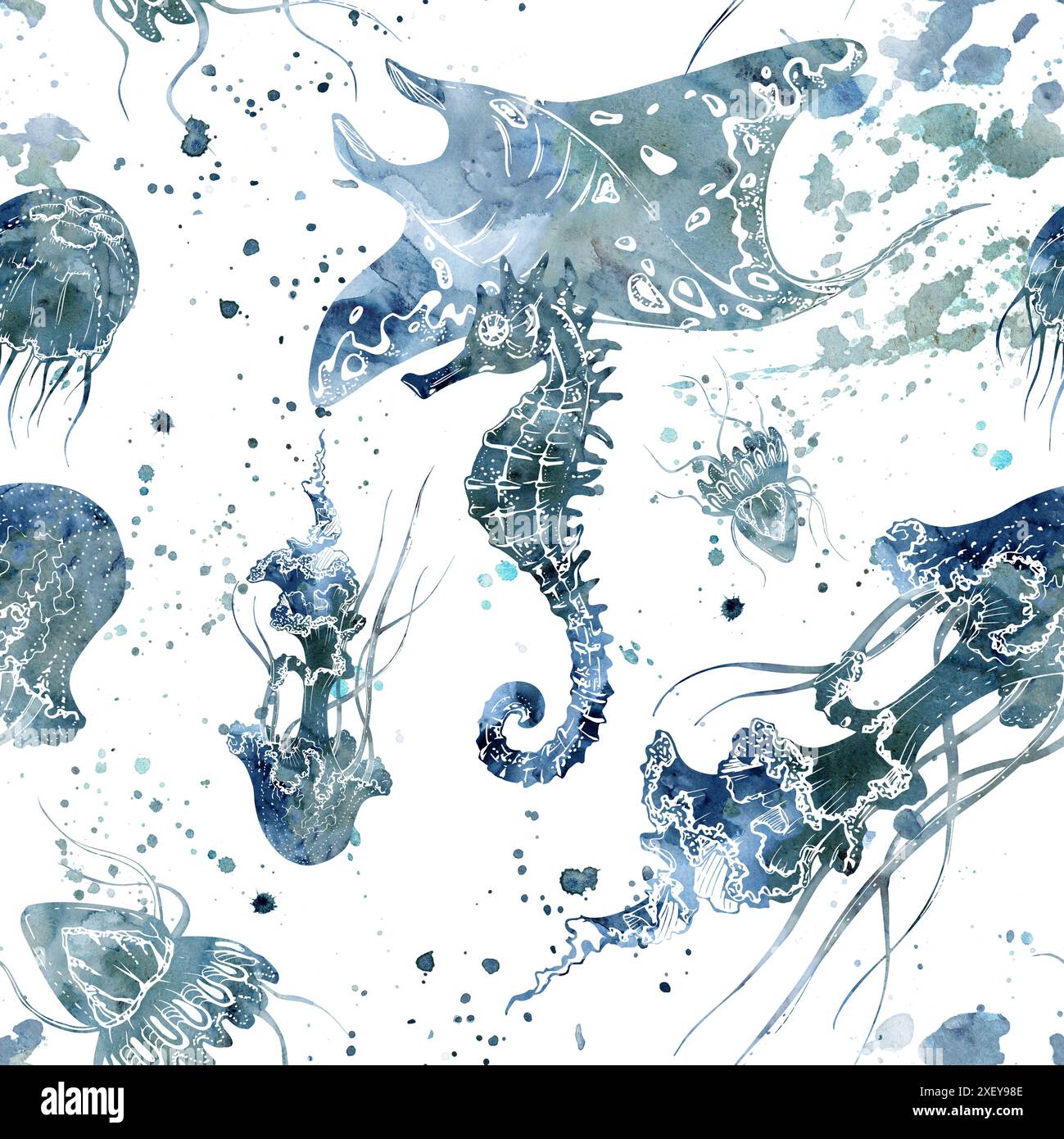 Watercolor and ink hand drawn marine life, sea ocean underwater ...