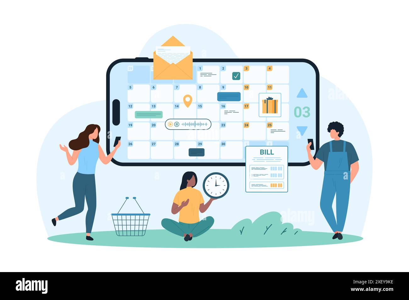 Business tasks management in calendar mobile app. Tiny people work with ...