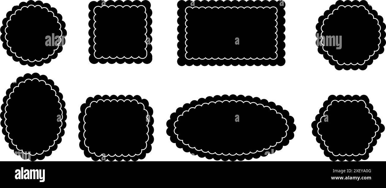 Retro design elements scalloped frames. Scalloped edge rectangle, star, ellipse, circle and ...