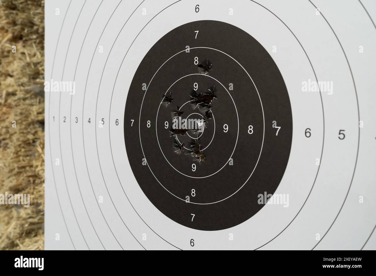 A shooting paper target with bullet holes in the center in a shooting ...