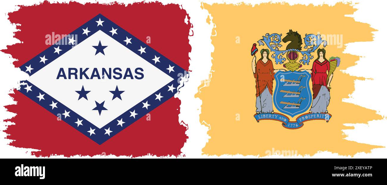 New Jersey and Arkansas states grunge brush flags connection, vector ...