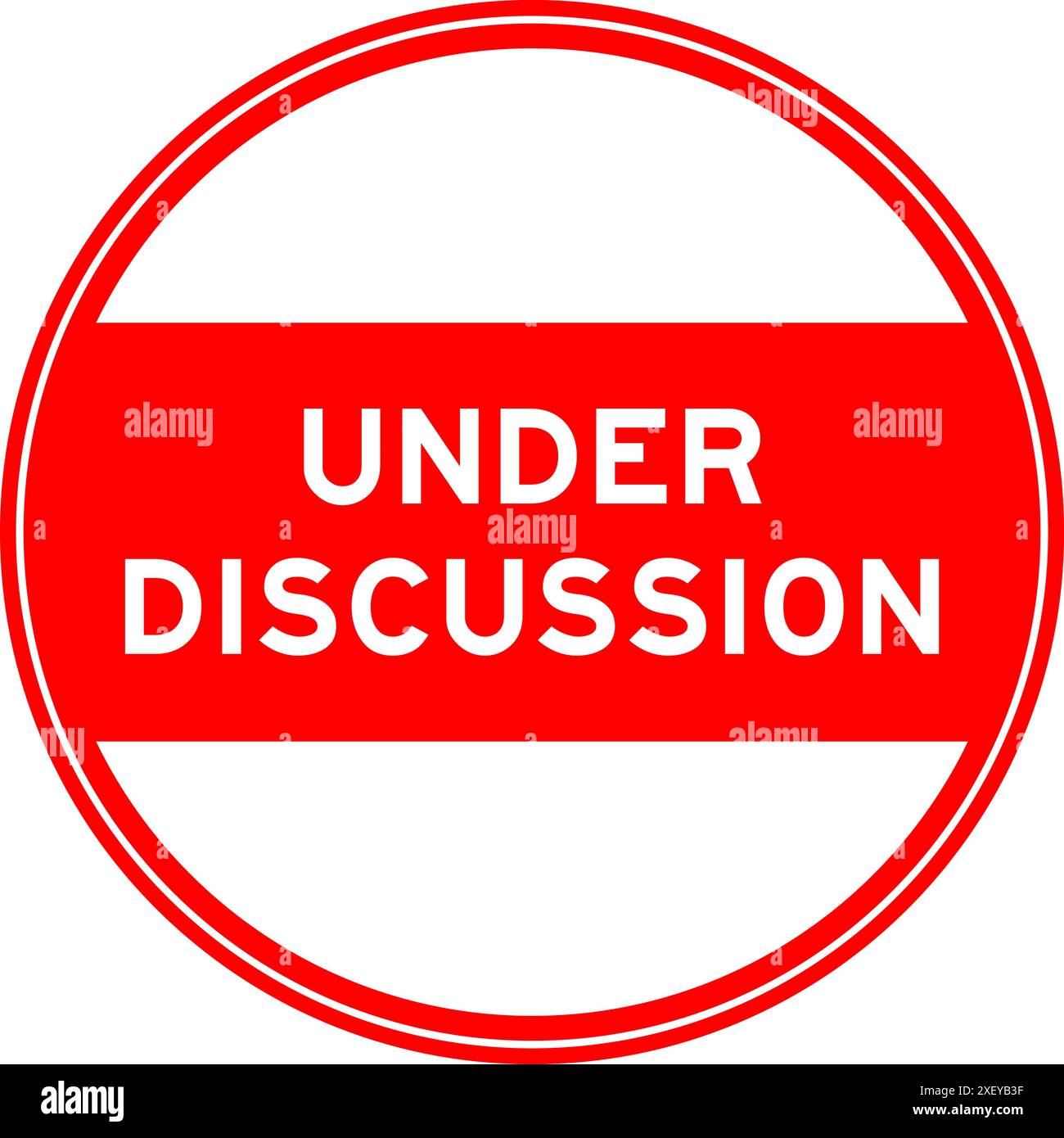 Red color round seal sticker in word under discussion on white ...