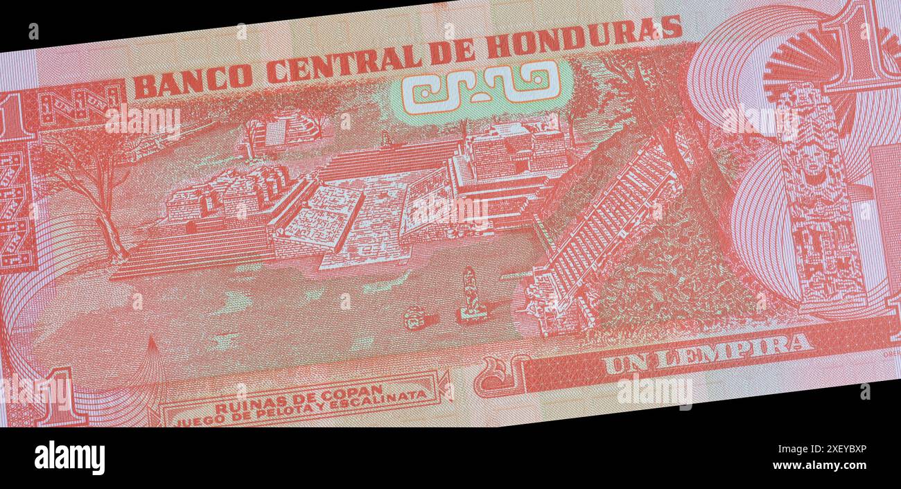One Lempira banknote printed by Honduras, that shows Ruins of Copan ...