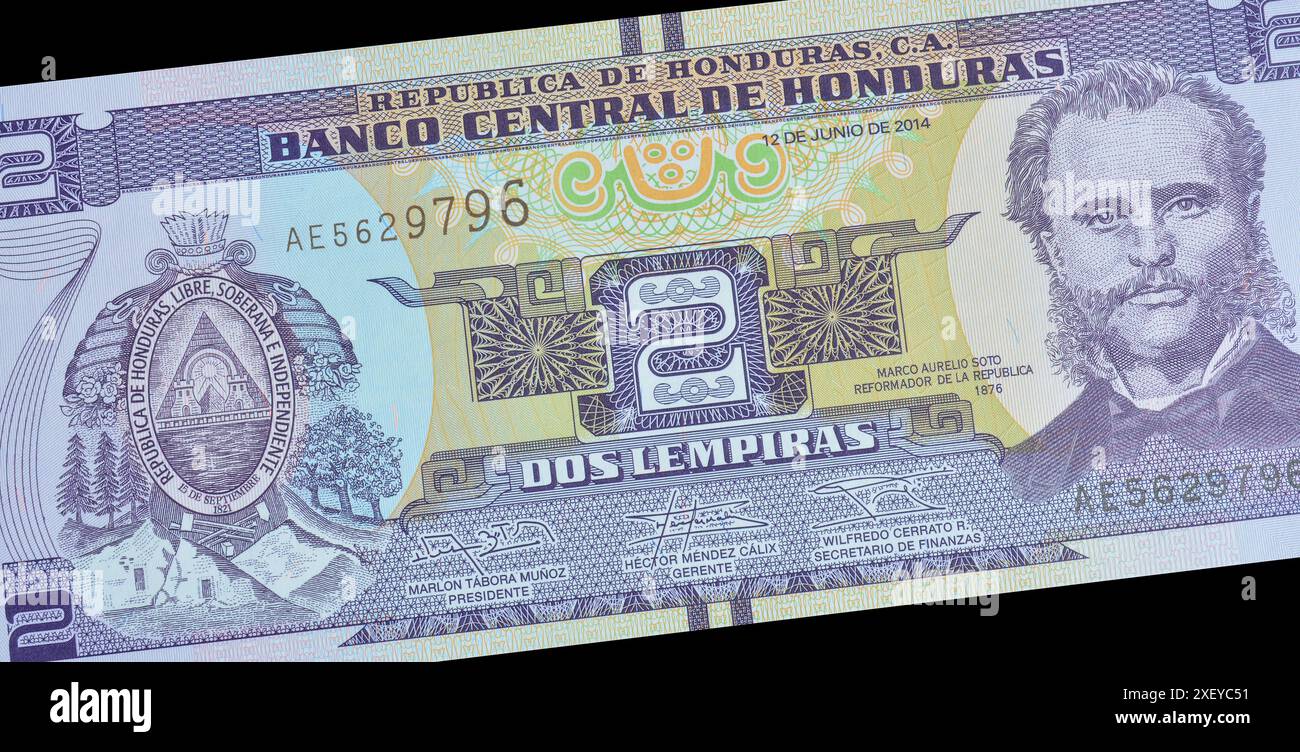 Two Lempiras banknote printed by Honduras, that shows Former President ...