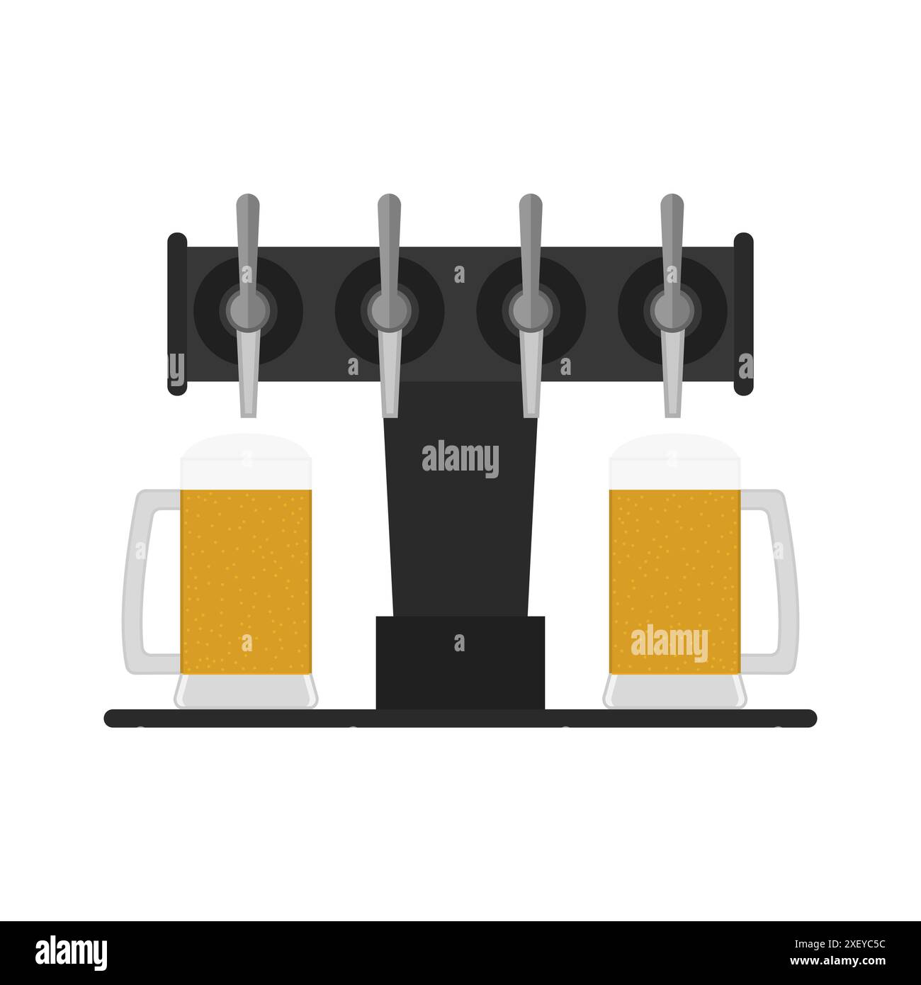 Beer pump, dispenser with taps and full glass beer mugs. Vector clipart ...