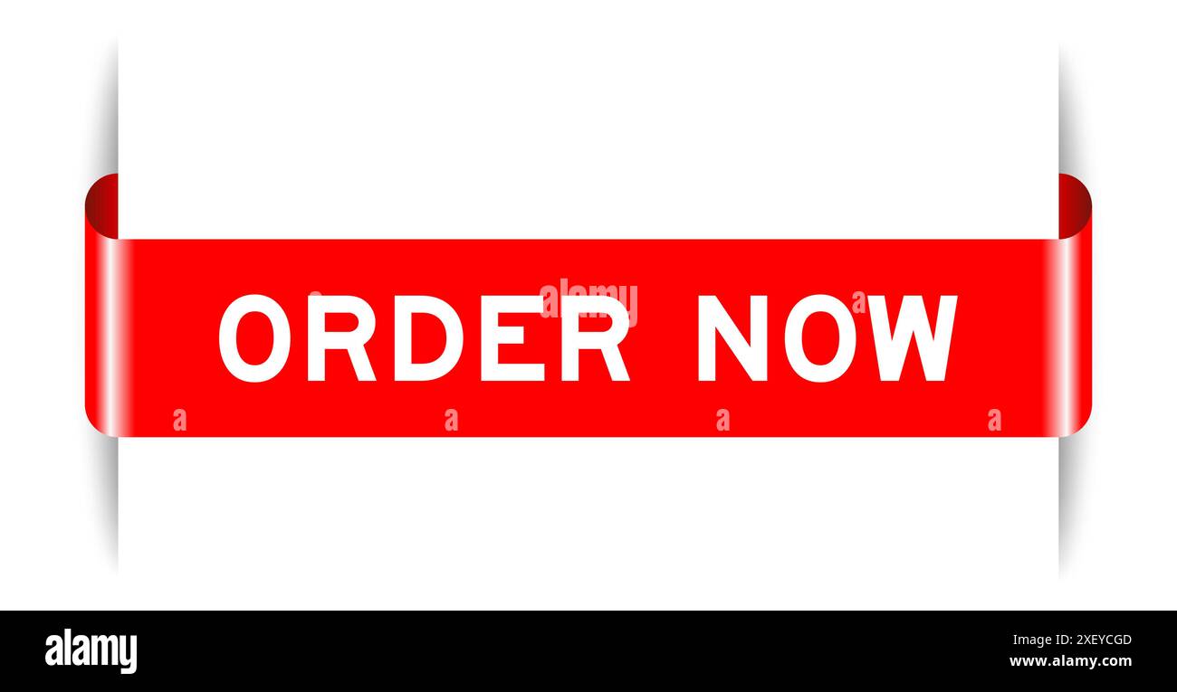 Red color inserted label banner with word order now on white background ...