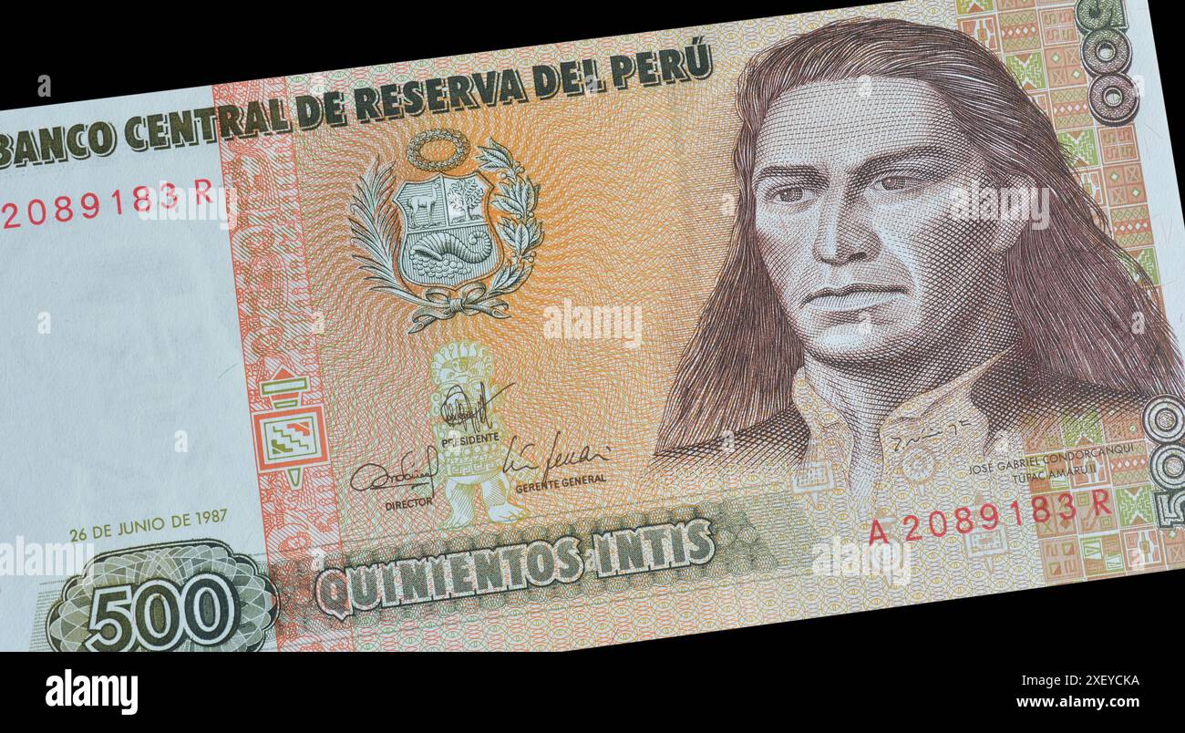 500 Intis banknote printed by Peru, that shows Image of Jose Gabriel ...