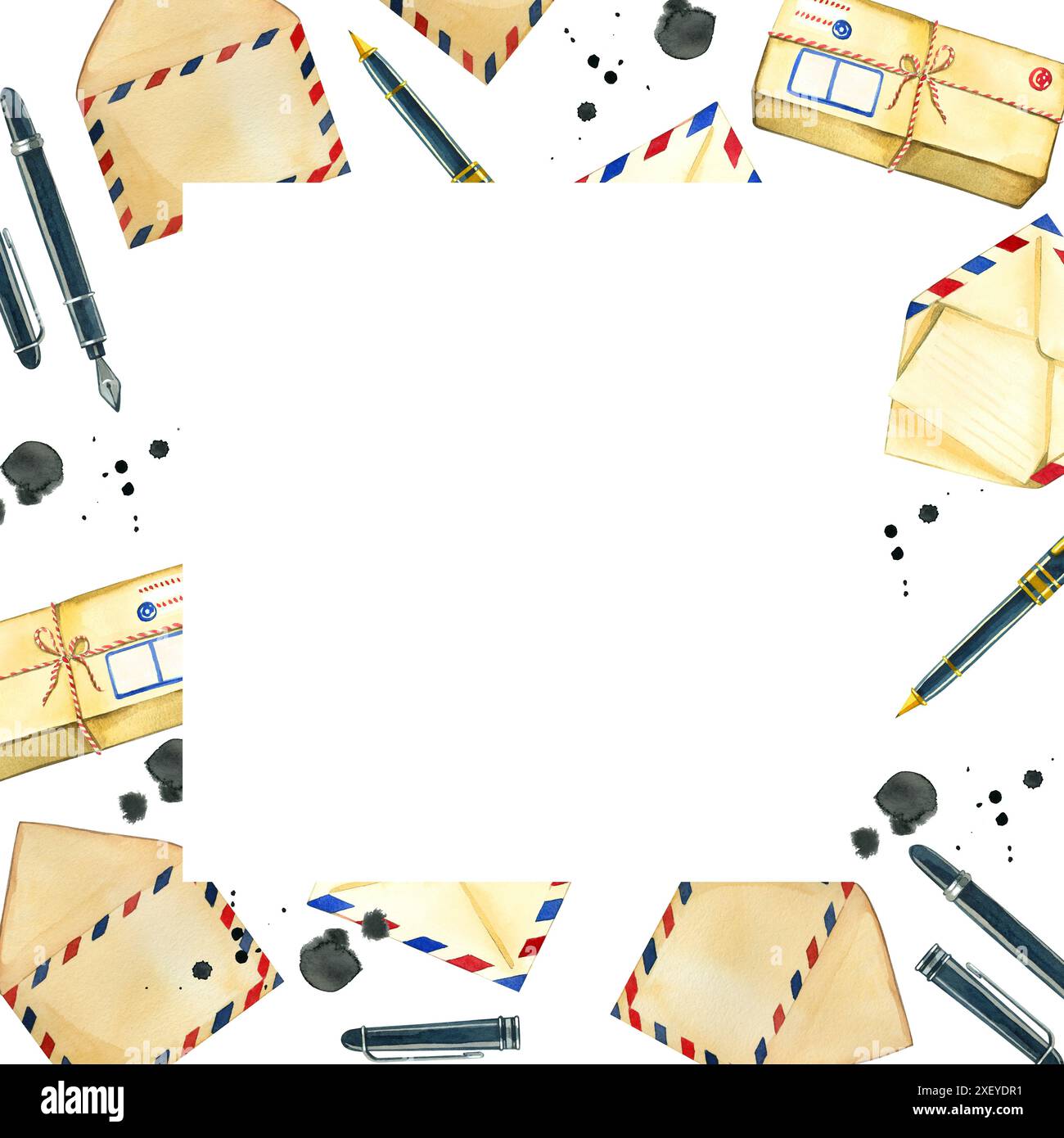 Square frame for World Post Day. Envelopes, letters, pens and ink drops ...