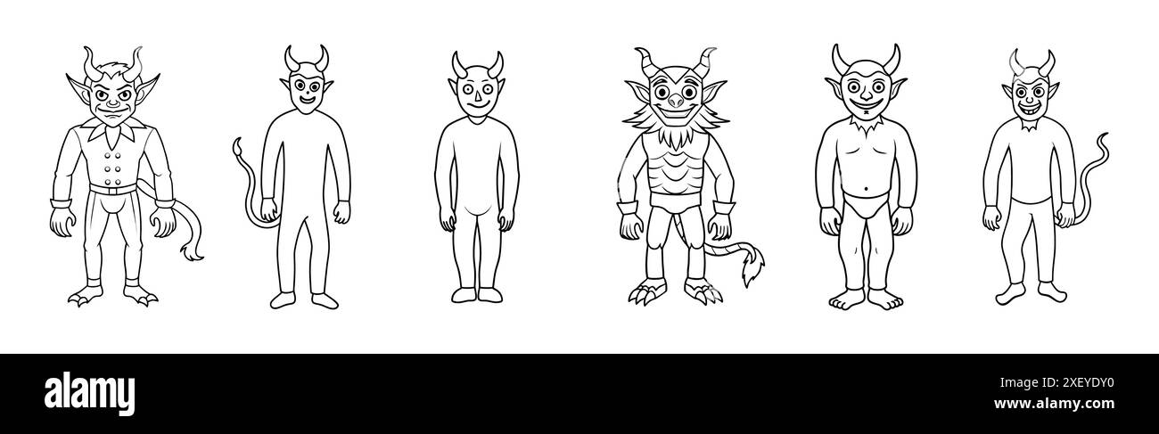 Set of Black outlines of devil characters isolated on a white ...