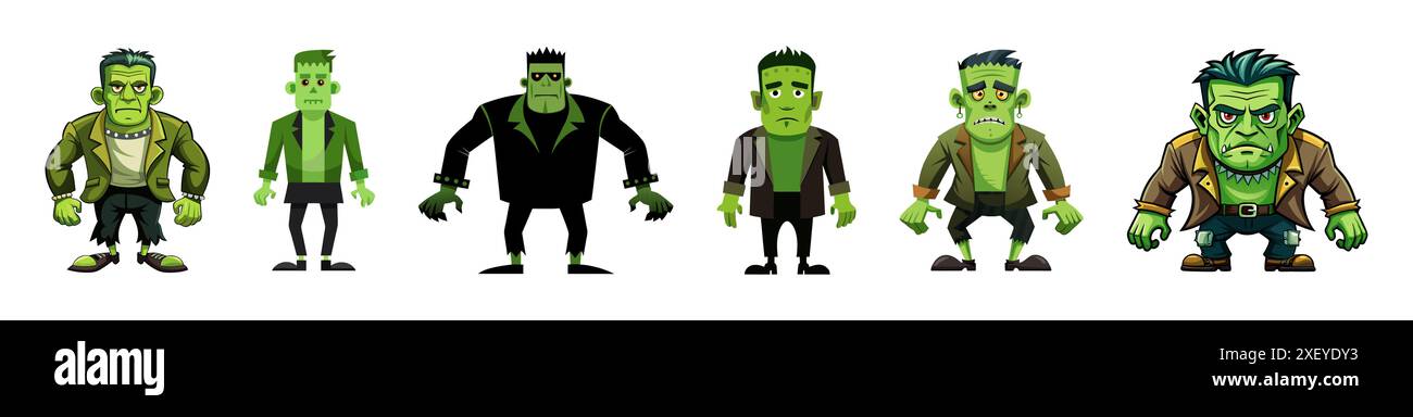 Set of Green Frankenstein monsters isolated on a white background ...