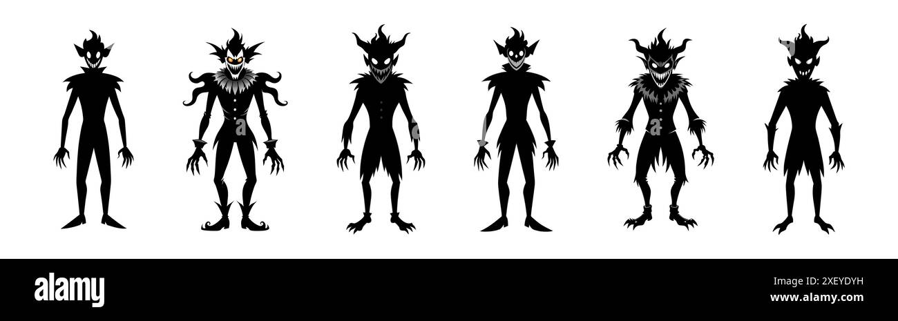 Set of Black silhouettes of evil clowns with creepy grins isolated on a ...
