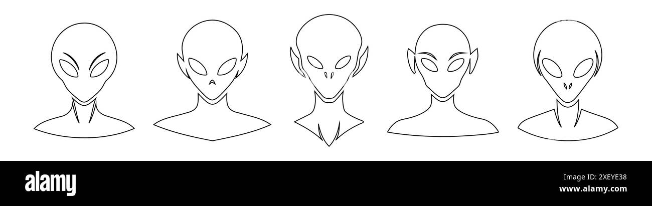 Set of Black outlines of alien heads isolated on white background ...