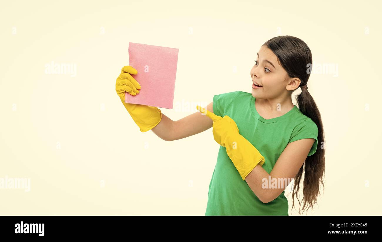 girl cleaner do chores on background, pointing. photo of girl cleaner ...