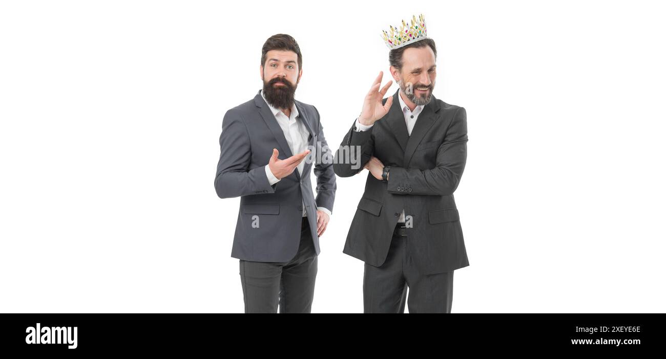 Dont touch my crown. Big boss wear crown isolated on white. Mature man ...