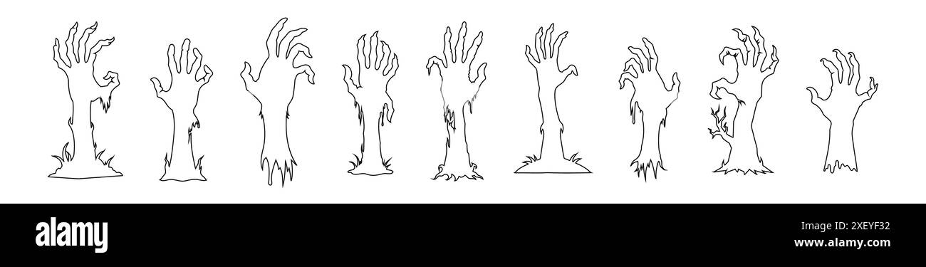 Set of Black outlines of creepy zombie hands isolated on a white ...