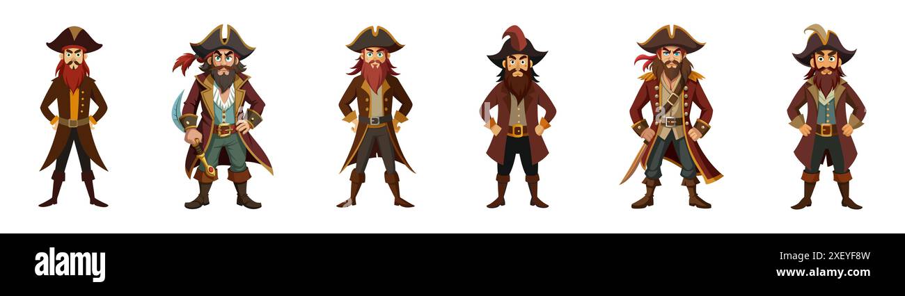 Set of Cartoon pirates standing isolated on a white background. Concept ...