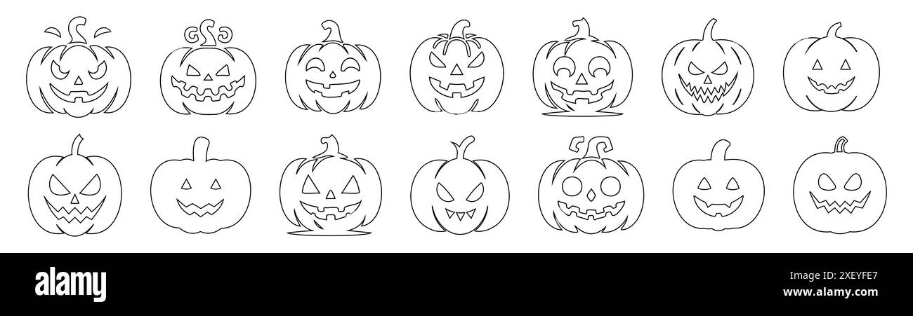 Set of black outlines of Halloween pumpkins isolated on white ...