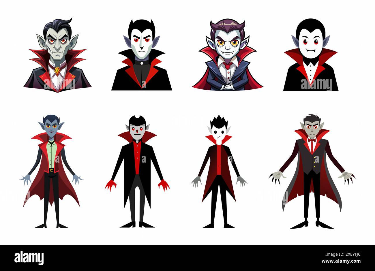 Set of cartoon vampires with red capes and fangs, isolated on a white ...