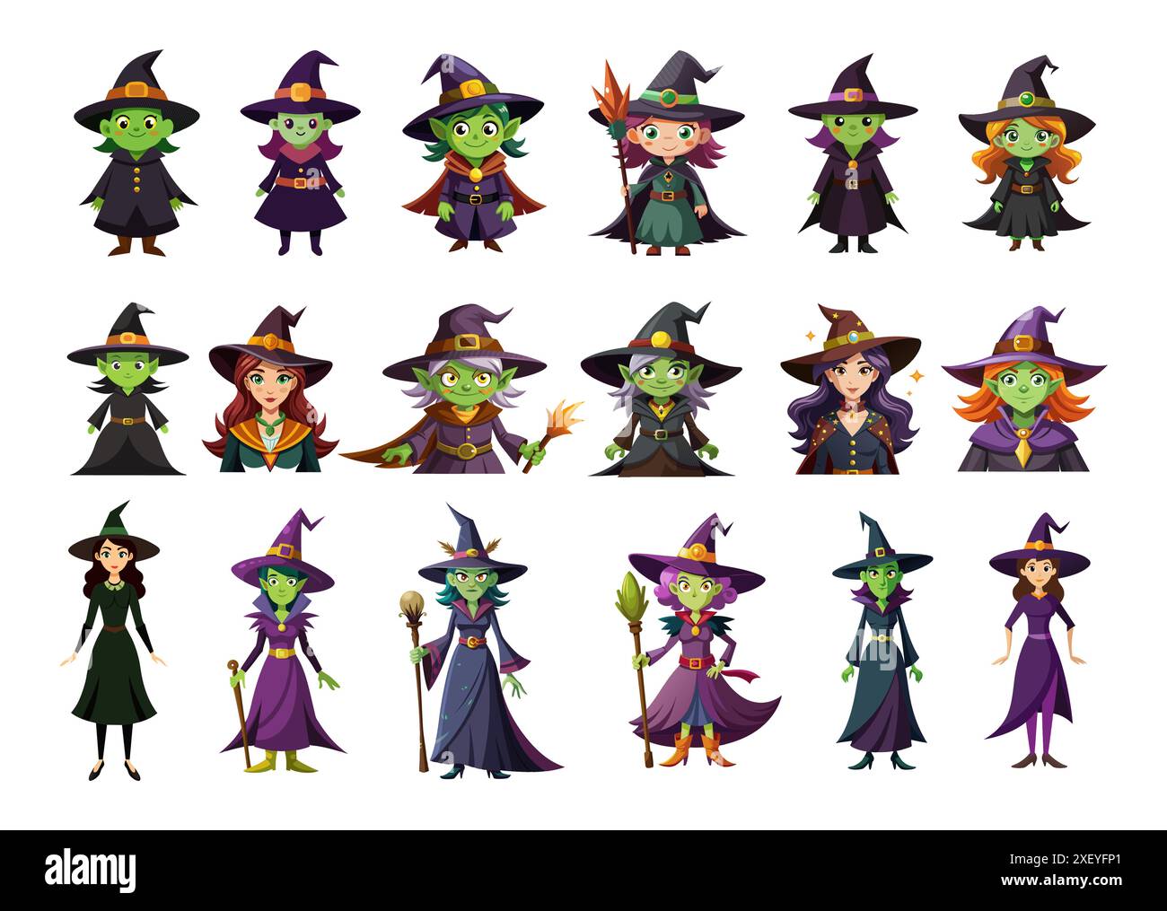 Big Set of cartoon witches with pointed hats and robes, isolated on ...