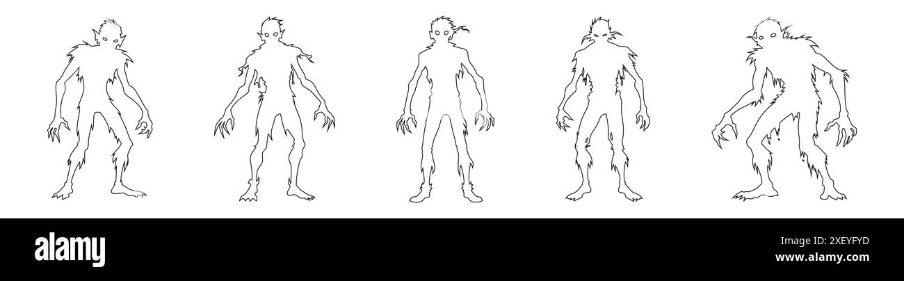 Set of Black outlines of scary cartoon zombies isolated on a white ...