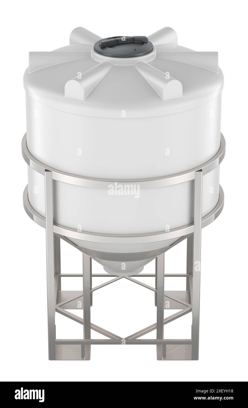 Cone bottom plastic inductor tank with stand, white color. 3D rendering ...