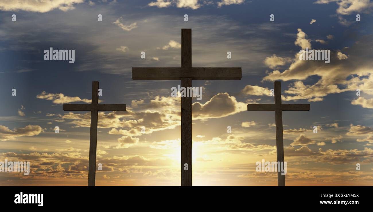 Three Jesus Christ christian crucifixes or crosses backlit from sunset ...