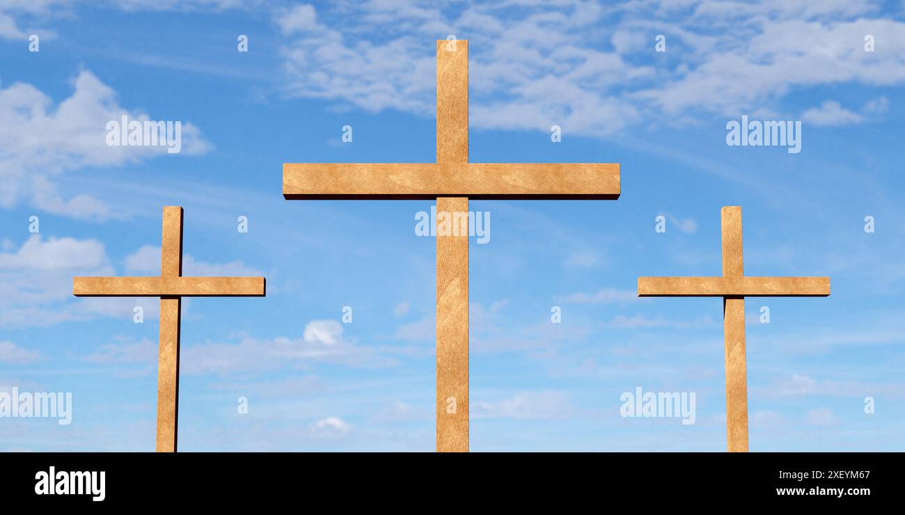 Three Jesus Christ christian crucifixes or crosses in front of blue sky ...