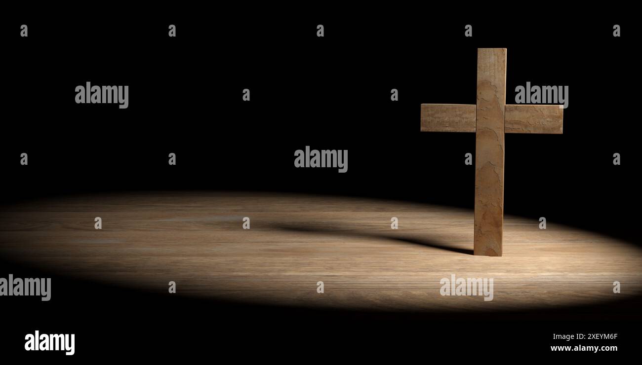 Wooden Jesus Christ christian crucifix or cross standing on wood table ...