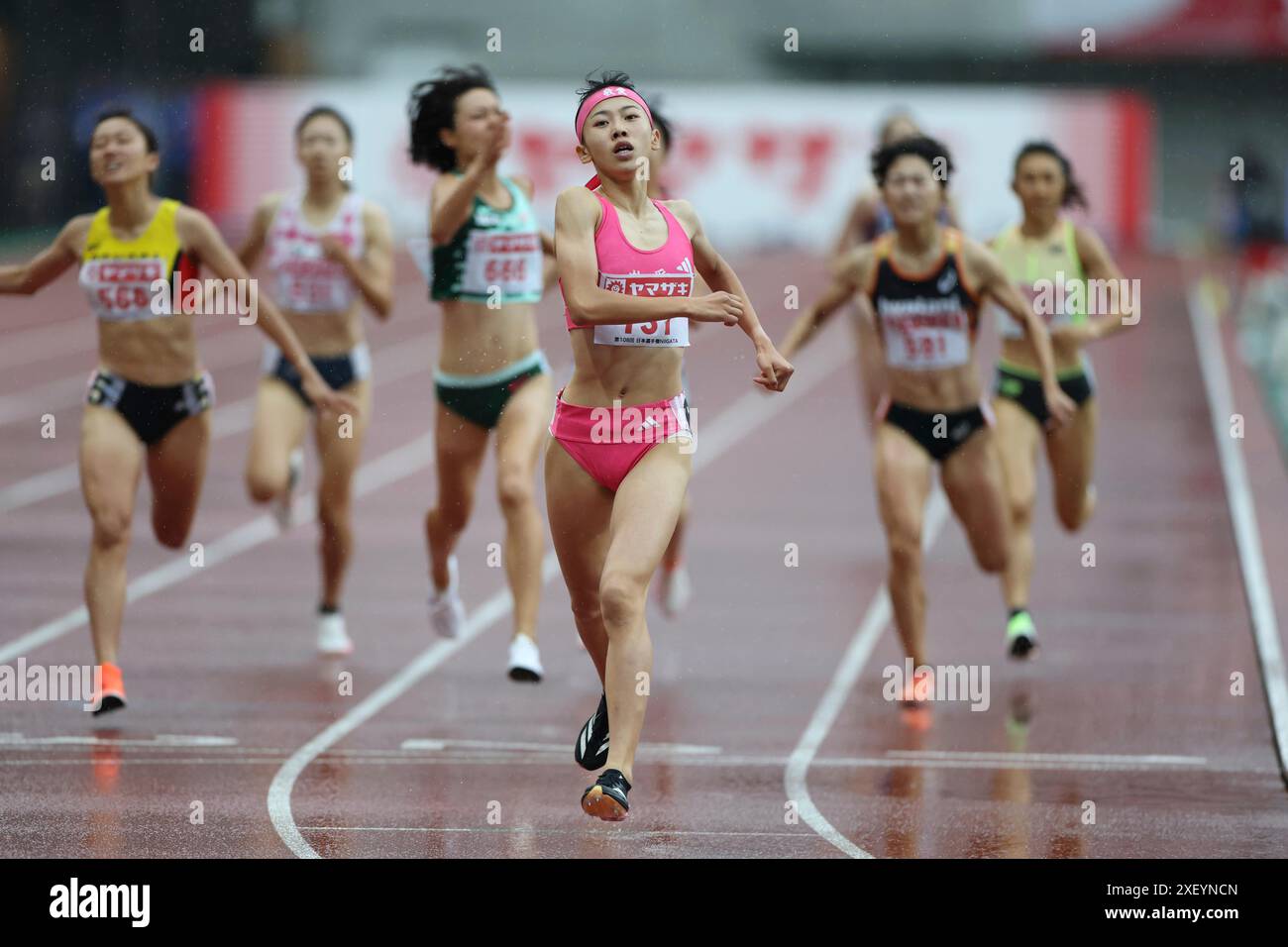 Rin Kubo (C) reacts after finishing the Women's 800m final of the 108th JAAF Athletics ...