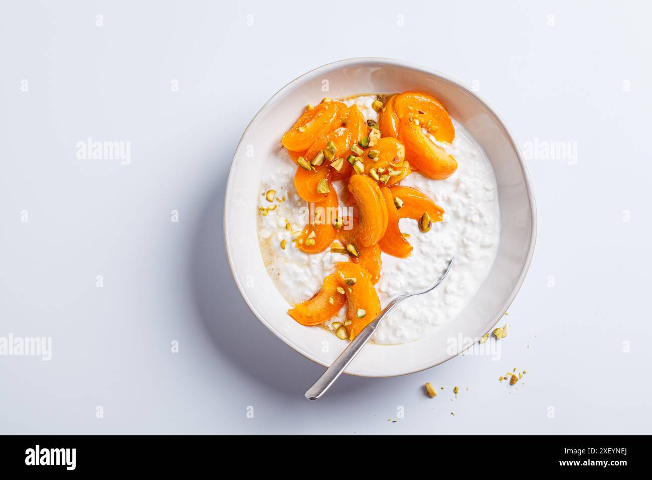 Breakfast cottage cheese with caramelized apricot, maple syrup and ...