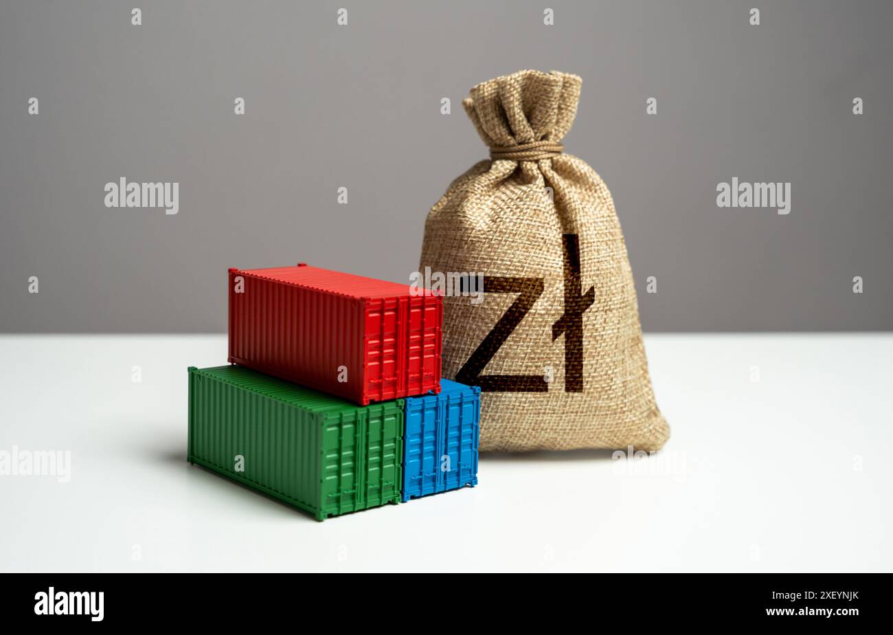 Stack of shipping containers and polish zloty money bag. Import or ...
