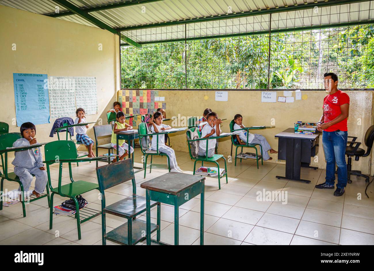 Local children and teacher in a school classroom in the Pilchi ...