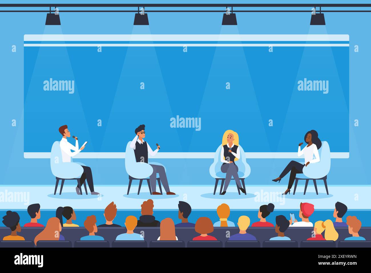 A panel of speakers engaging in a discussion on stage at a conference ...