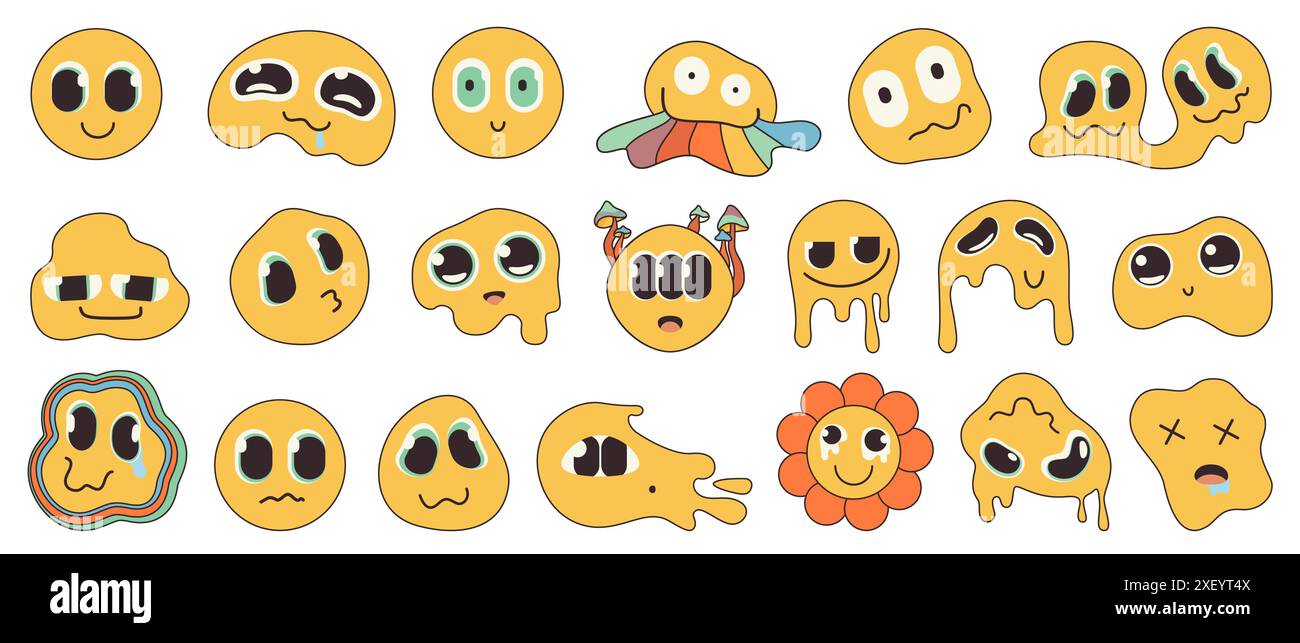 Groovy psychedelic emoji with distorted faces set. Funny retro crazy ...