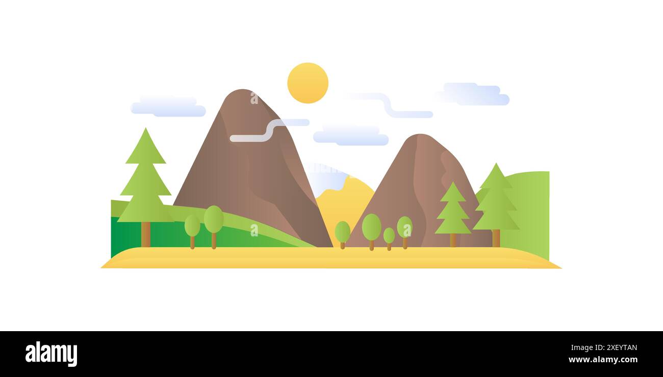 Summer simple landscape with high mountain range and green forest ...