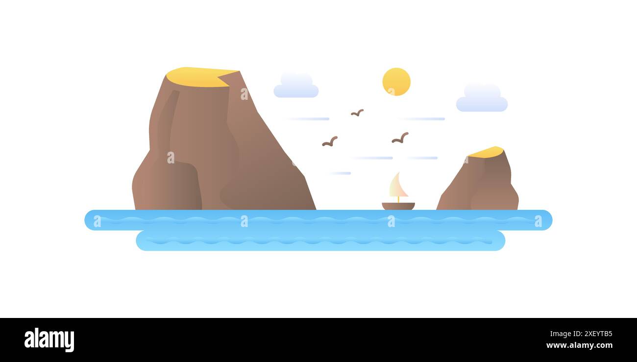 Sailboat floating on waves of sea between rocks, simple seascape vector ...