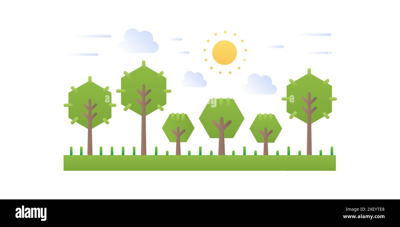 Simple forest landscape with trees growing under sun with clouds vector ...